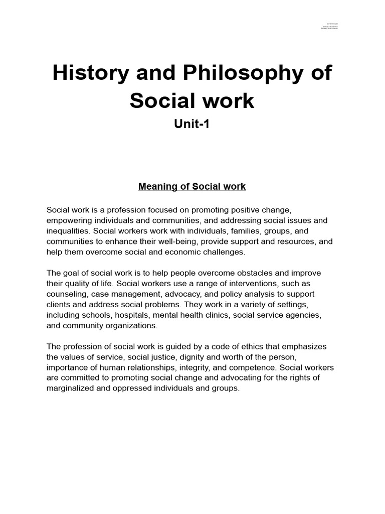History and Philosophy of Social Work Unit 1&2 | PDF | Social Work ...