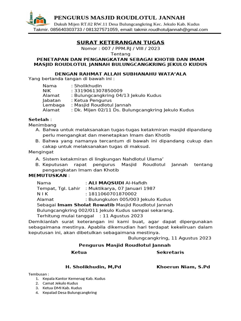 SK IMAM Dan KHOTIB Masjid Roudlotul Jannah | PDF