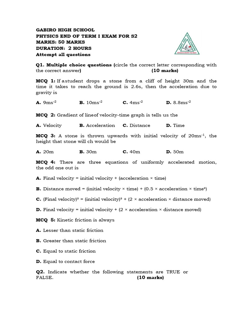 Gabiro High School Physics Exam S2 | PDF | Velocity | Acceleration