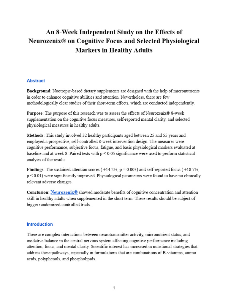 Neurozenix® Study: Cognitive Focus Boost | PDF | Cognition | Psychology
