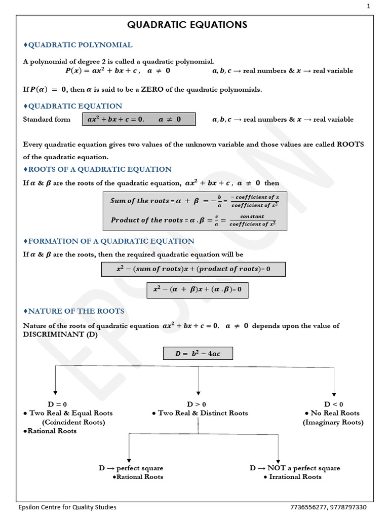 Class X Quadratic Equations - Notes 1 | PDF | Quadratic Equation | Zero ...