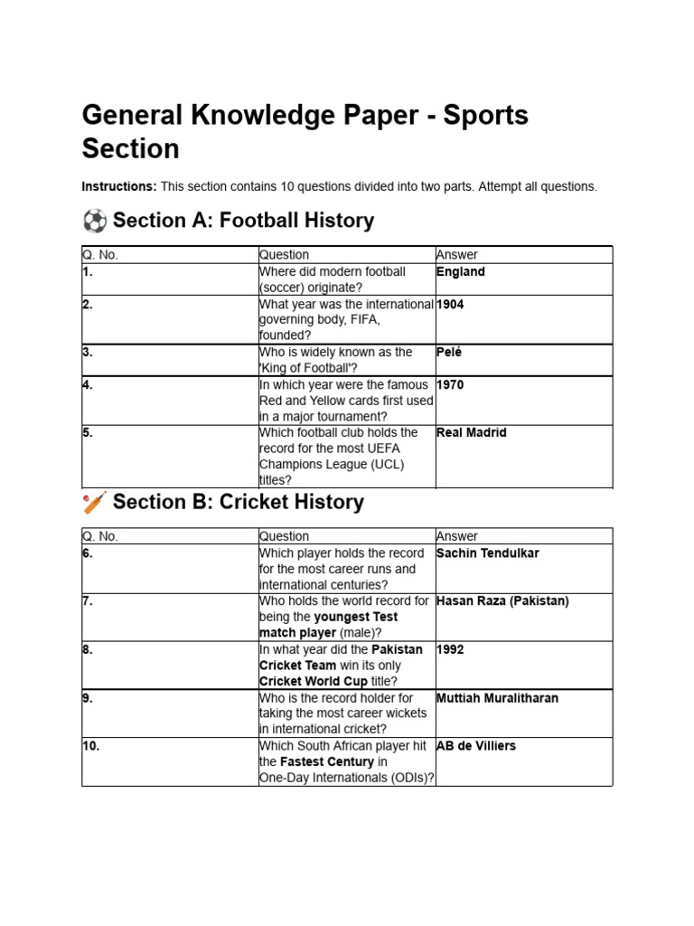 General Knowledge Paper - Sports Section | PDF