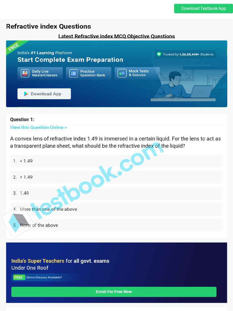 Mcq on Refractive Index 5eea6a1339140f30f369eff0 | PDF