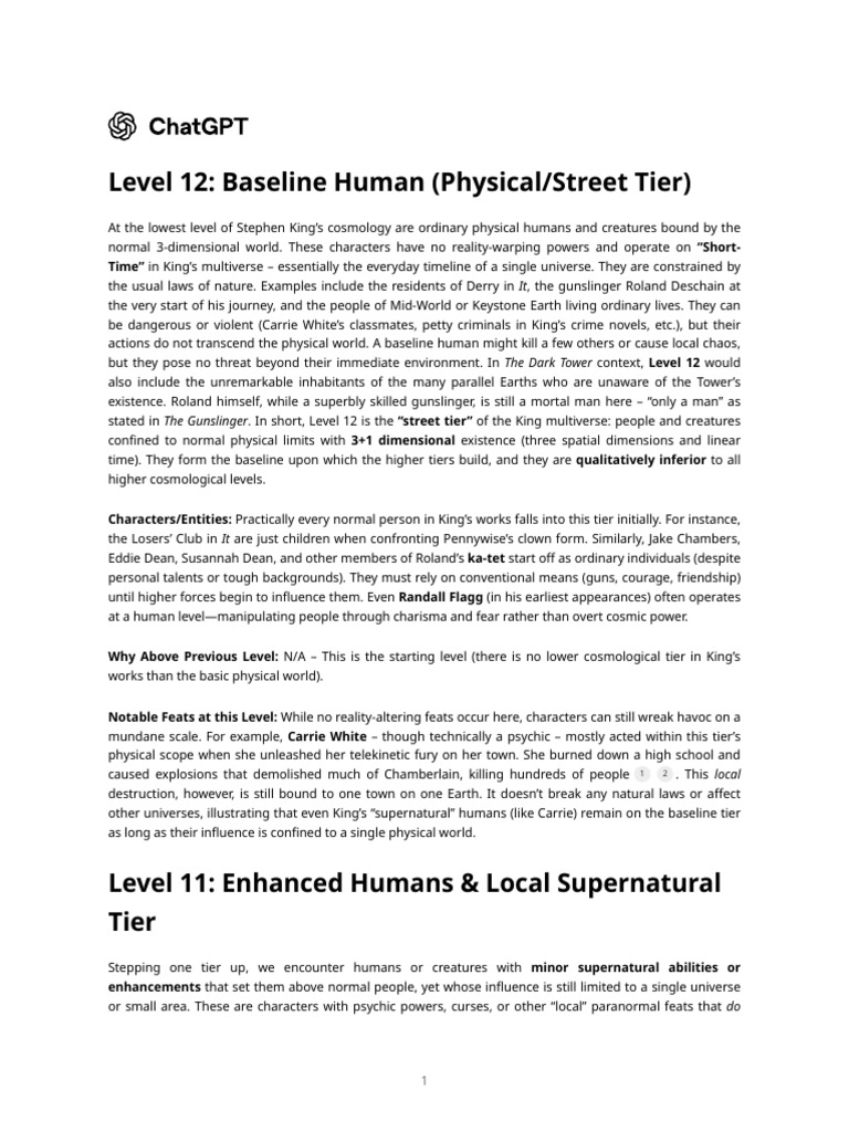 Stephen King's Level 1 Human Tier Overview | PDF | Infinity | Universe