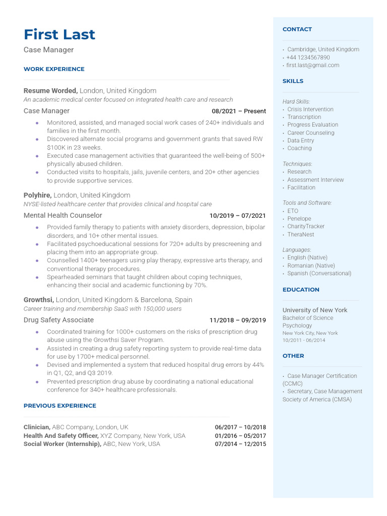 Case Manager Resume for Healthcare Roles | PDF | Substance Abuse ...