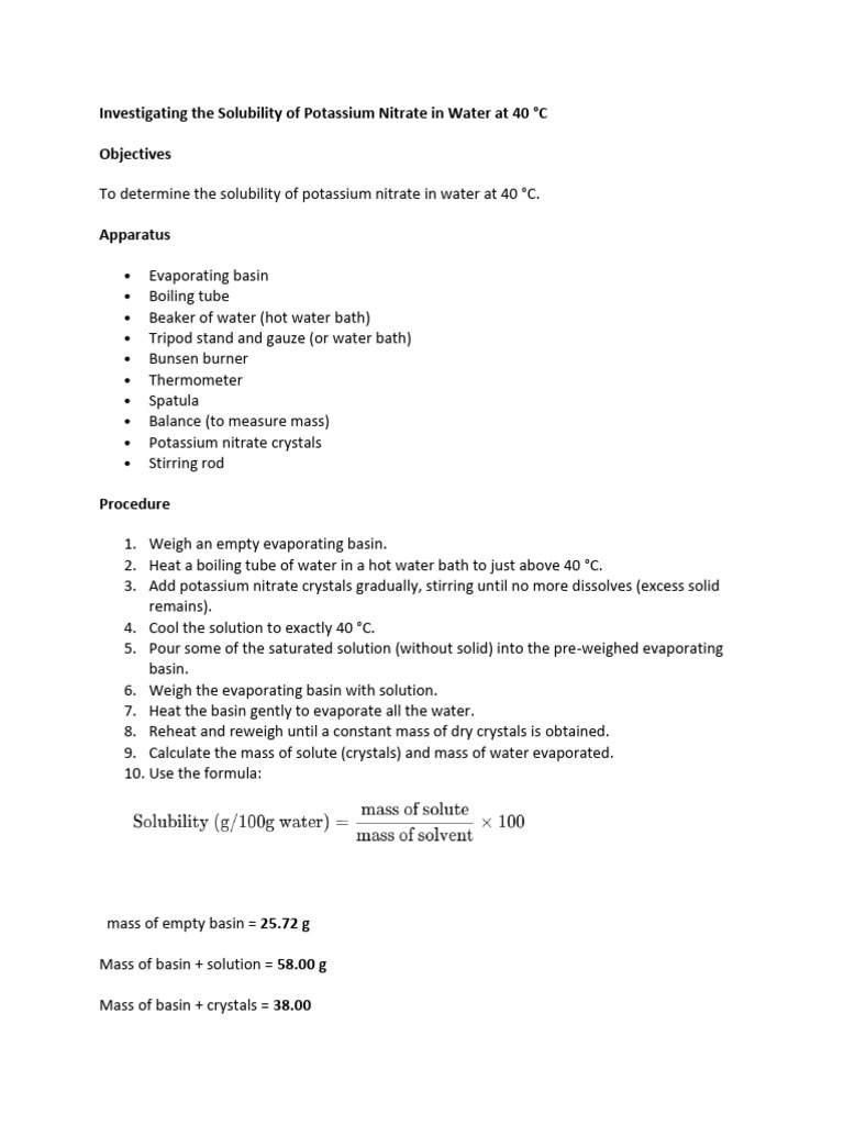Potassium Nitrate Solubility at 40 °C | PDF