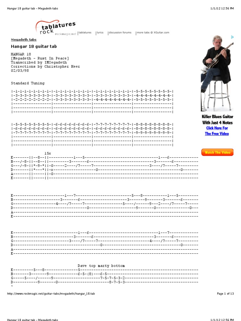 Hangar 18 Guitar Tab - Megadeth | PDF | American Songs | Songs