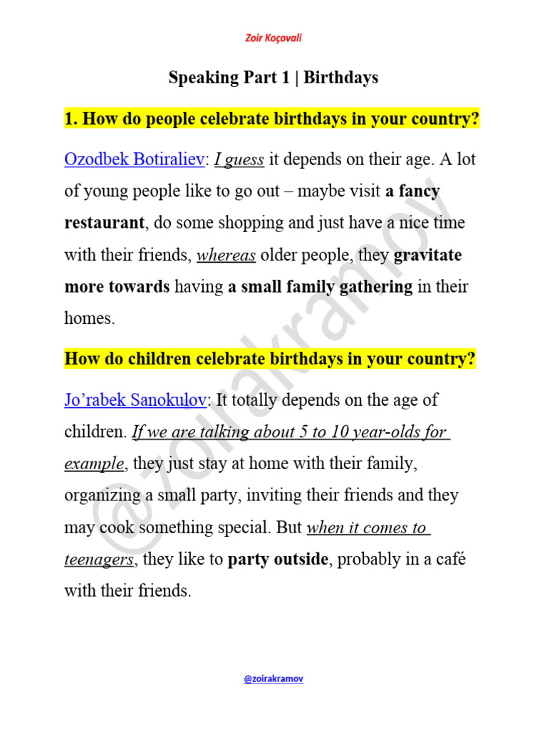 Speaking Part 1.birthdays | PDF | Birthdays