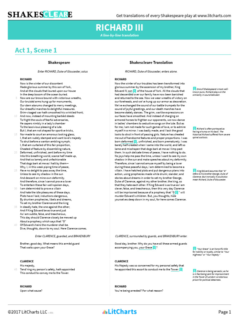 Richard III Act 1 Scene 1 Translation | PDF