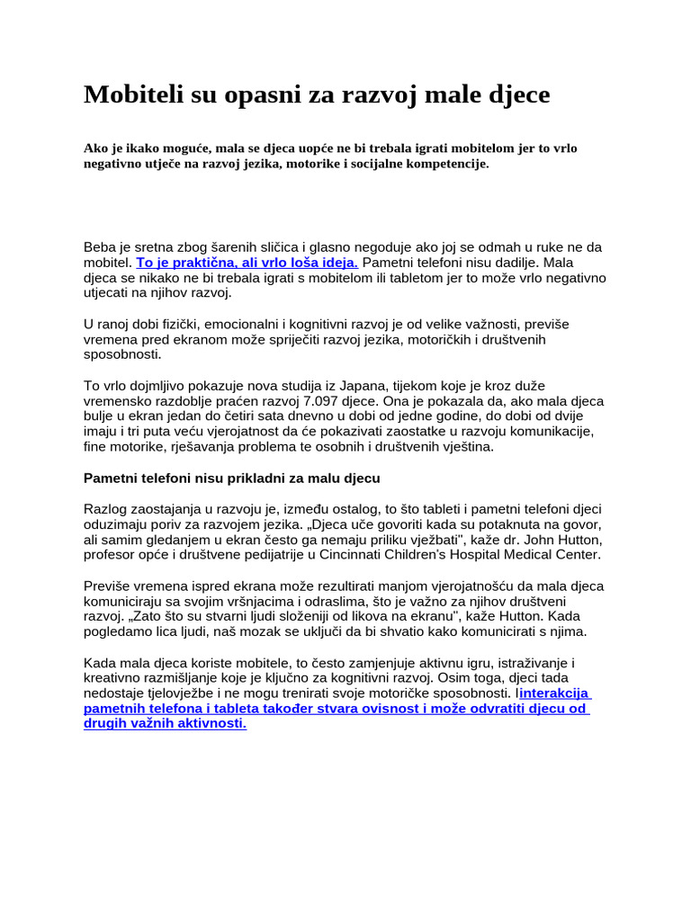 Mobiteli Su Opasni Za Razvoj Male Djece | PDF