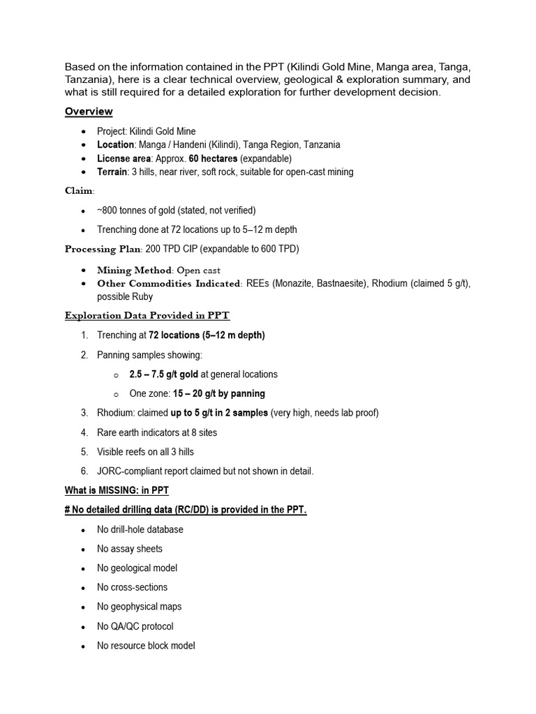 Kilindi Gold Mine Exploration Overview | PDF | Mining