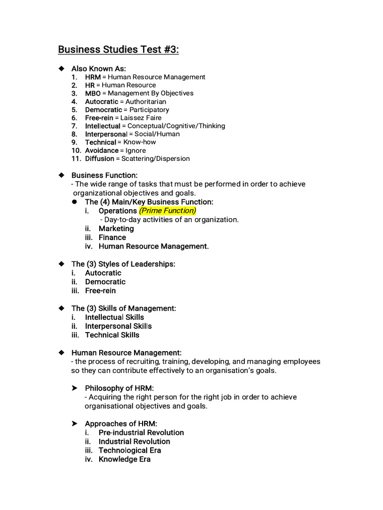 Business Studies Test | PDF | Human Resource Management | Motivational