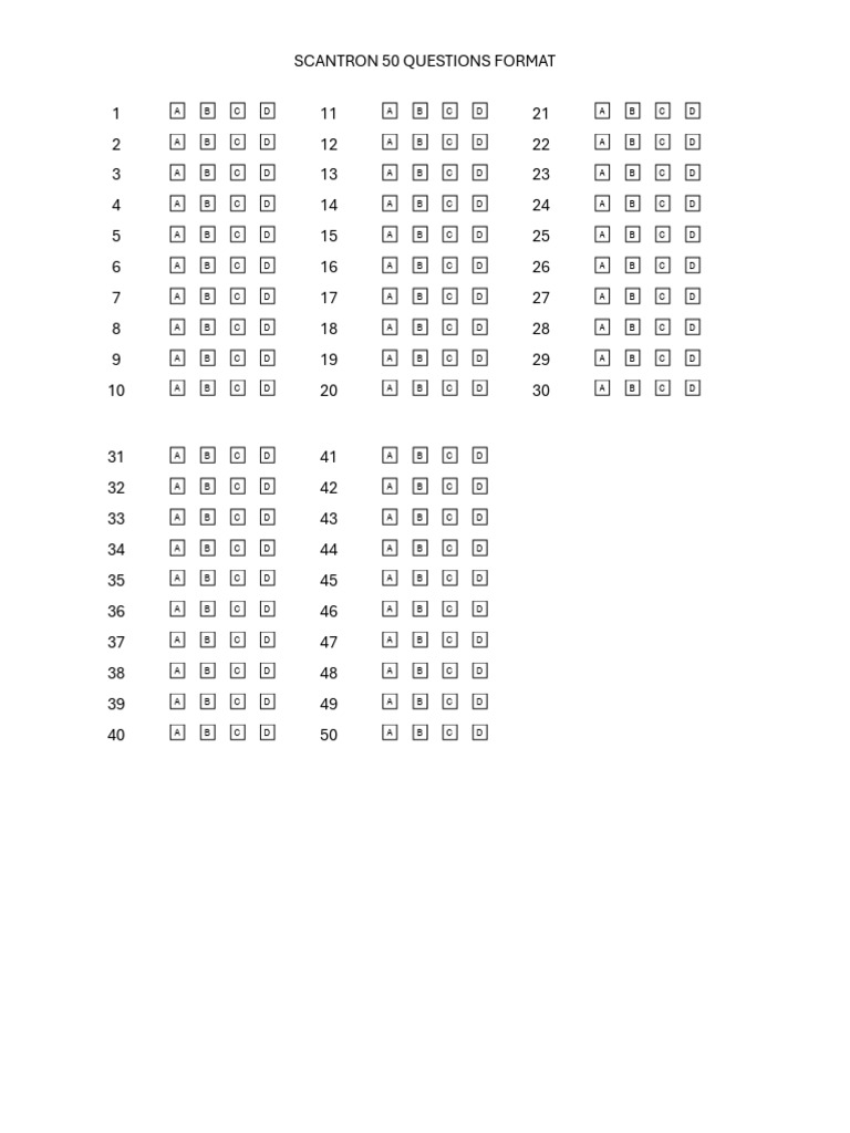 50 Question Scantron Format (Square Bubbles) | PDF