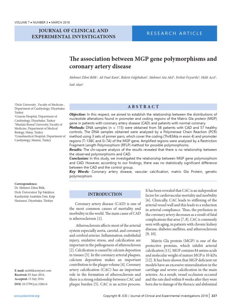 The Association Between MGP Gene Polymorphisms and Coronary Artery ...