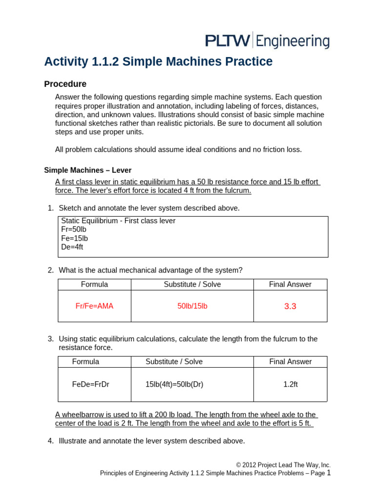 Copy of 1.1.2 Simple Machines Practice Problems | PDF