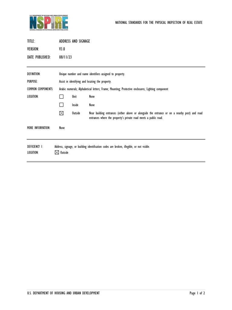 NSPIRE Standard Address and Signage 20230811 | PDF | Safety