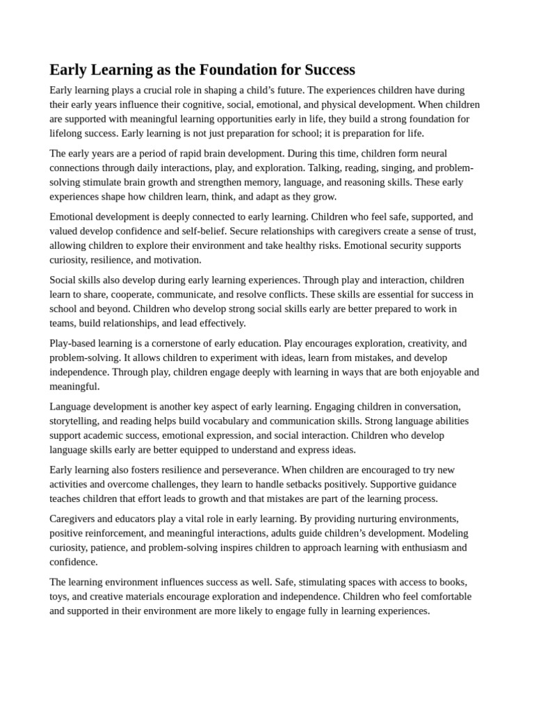 Early Learning As The Foundation For Success | PDF | Learning ...