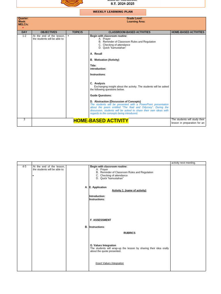Weekly Learning Plan Template | PDF | Education Theory | Human ...