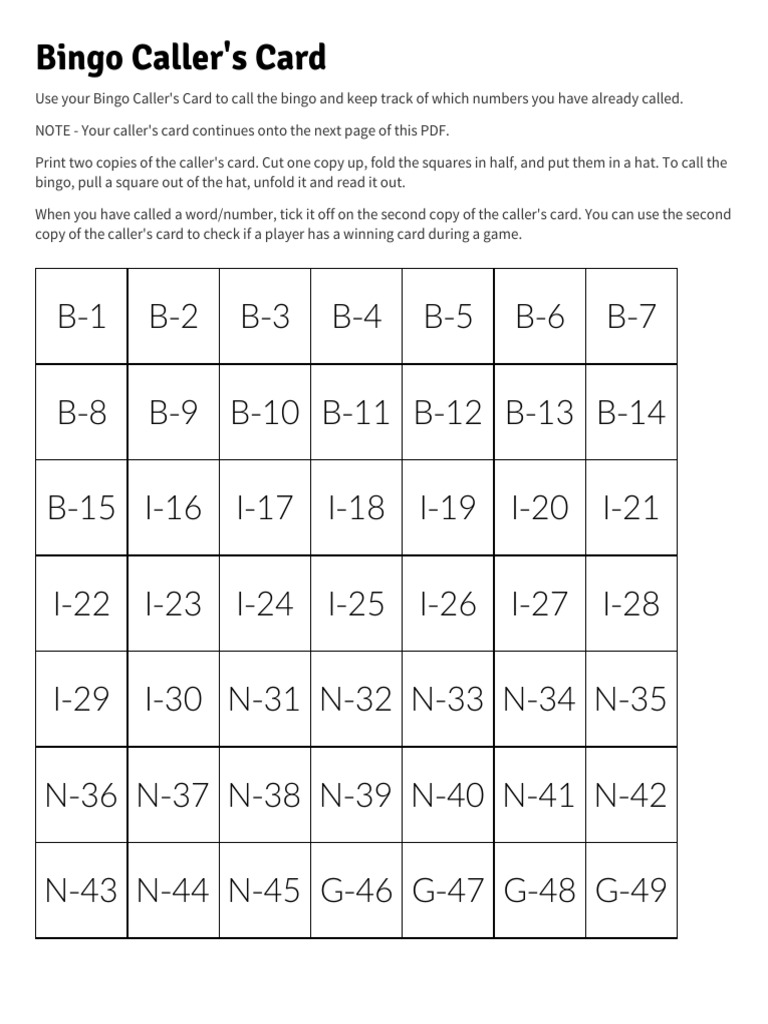 Bingo Caller's Card Instructions | PDF
