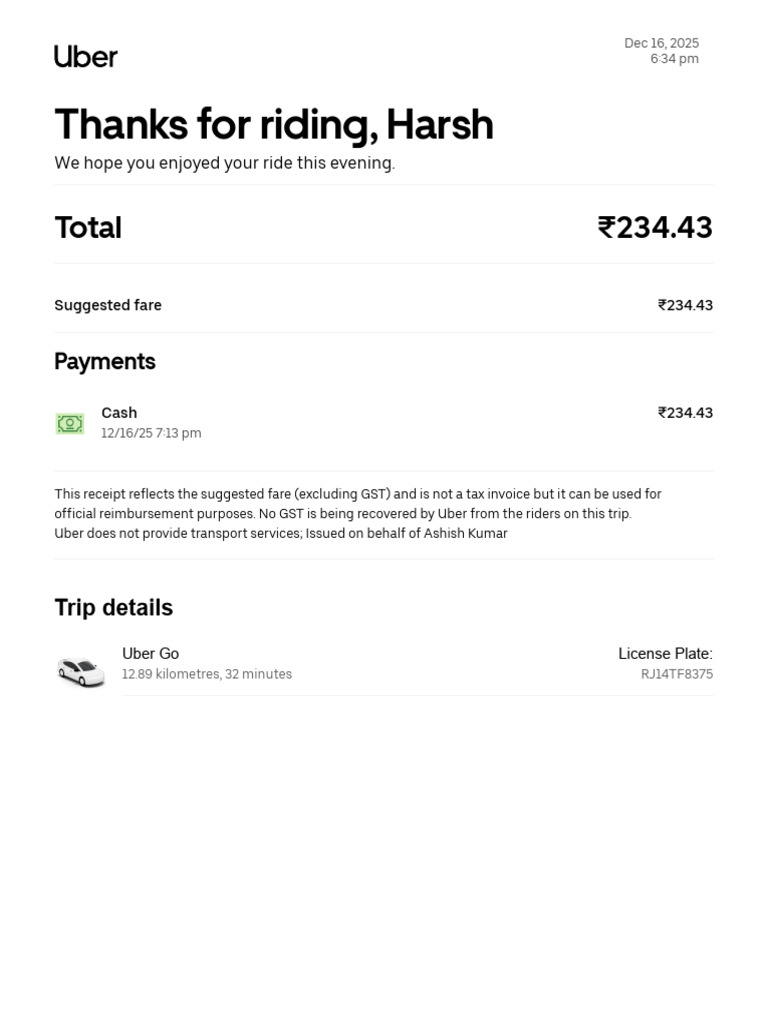 Uber Ride Receipt - Jaipur Trip Details | PDF