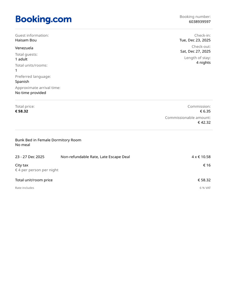 Booking Number:: Rate Includes 6 % Vat | PDF
