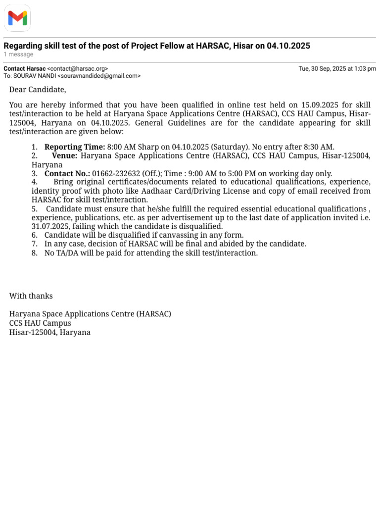 Gmail - Regarding Skill Test of The Post of Project Fellow at HARSAC ...