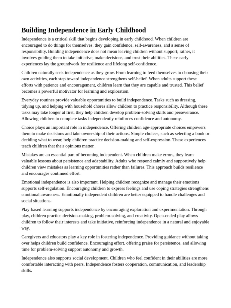 Fostering Independence in Early Childhood | PDF | Psychological ...
