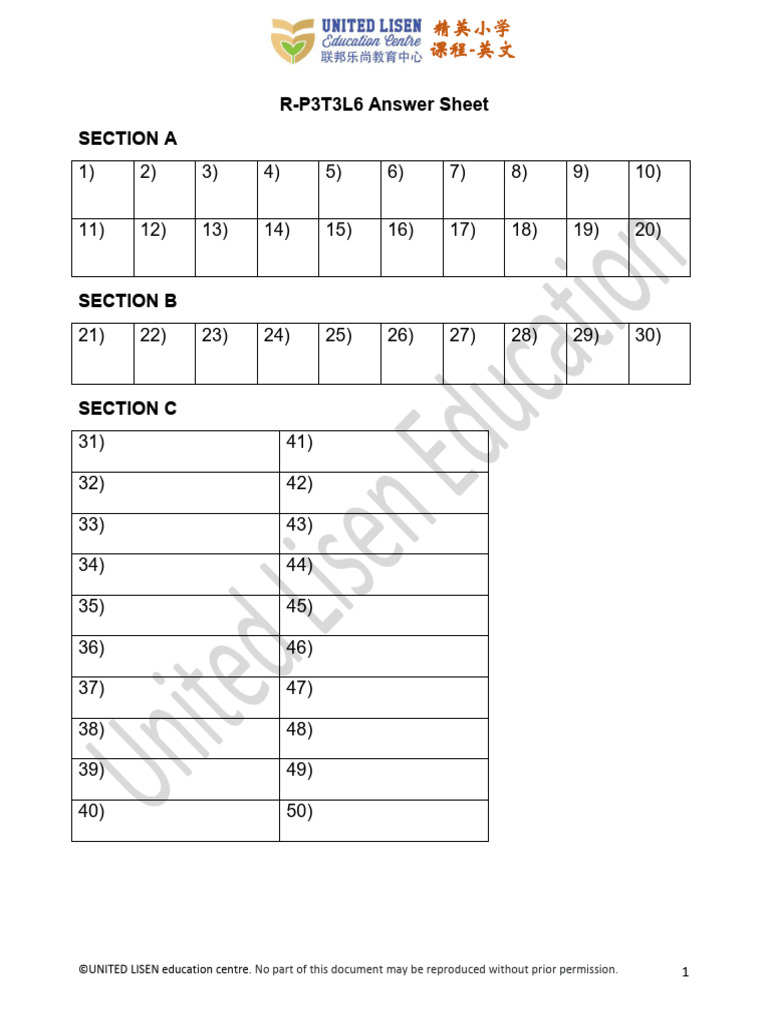 ULE English-P3T3L6(R)- Answer Sheet | PDF