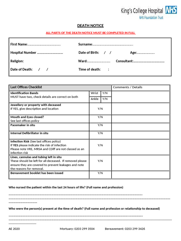 Complete Death Notice Form Template | PDF