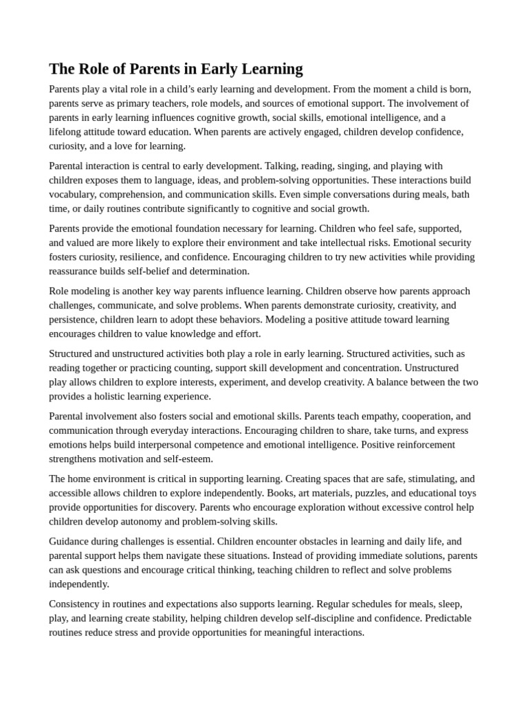Parents' Impact on Early Learning | PDF | Learning | Preschool