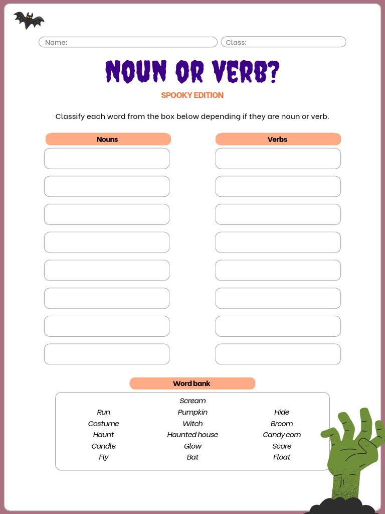 Nouns and Verbs Worksheet in Purple and Orange Fun Style | PDF
