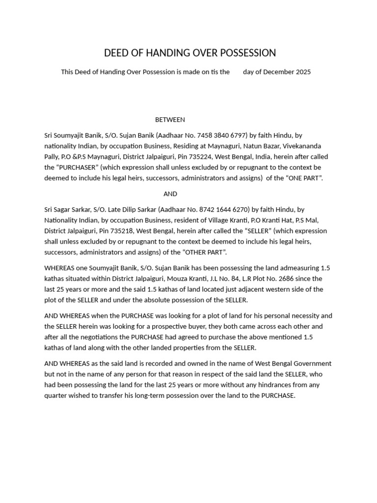 Deed of Handing Over Possession | PDF | Civil Law (Common Law ...