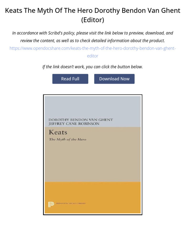 Keats The Myth of the Hero Dorothy Bendon Van Ghent (Editor) | PDF | Books