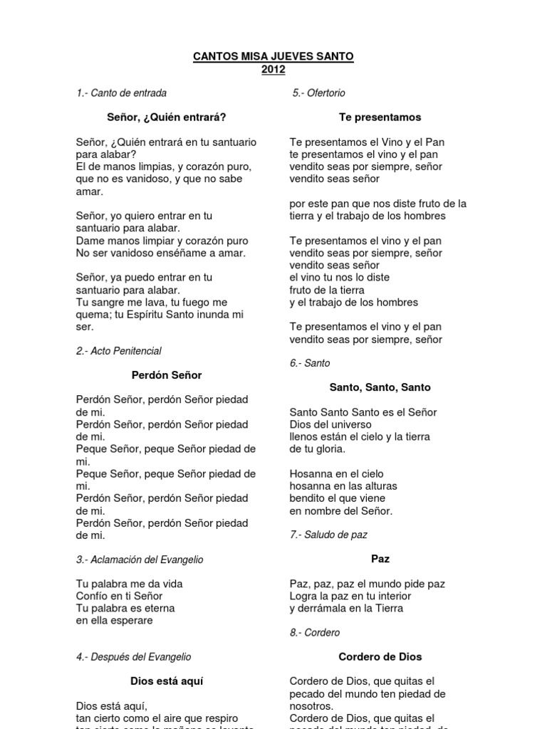 Cantos para Misa Jueves Santo | PDF | Misa (liturgia) | María, madre de ...