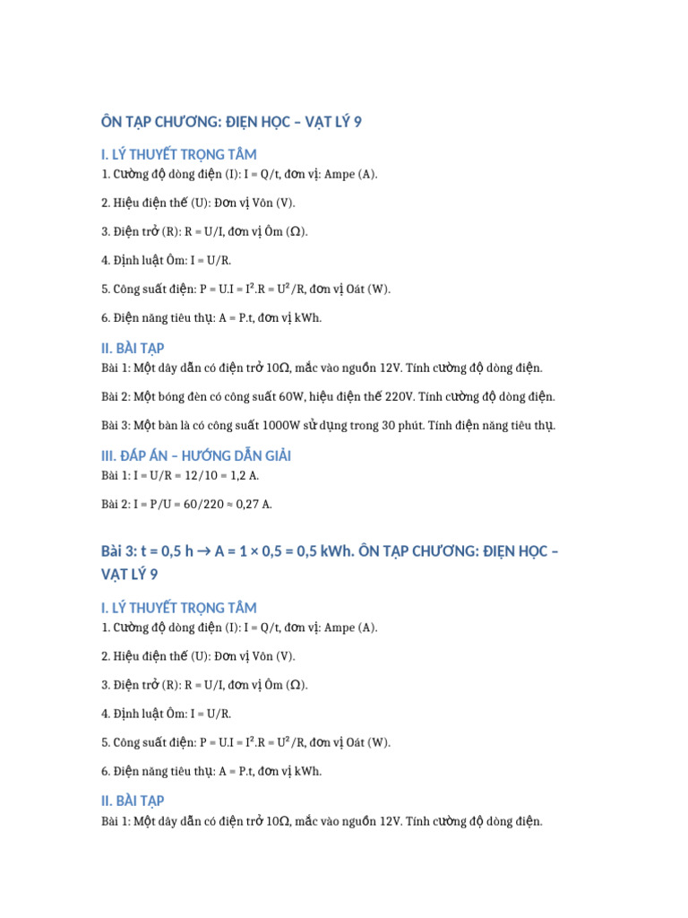On Tap Dien Hoc Vat Ly 9 | PDF