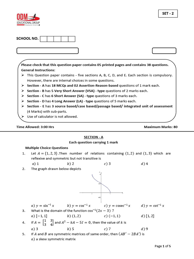 XII_MATHEMATICS_SET 2_QP | PDF | Matrix (Mathematics) | Function ...