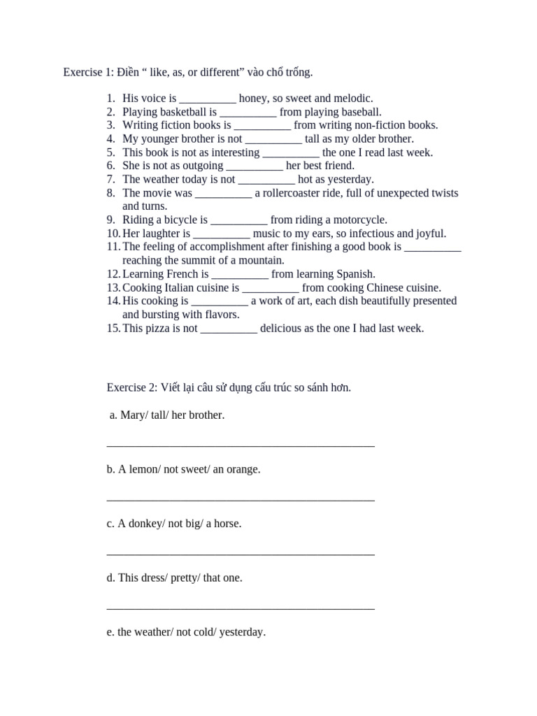 Comparative Structures Exercise Worksheet | PDF