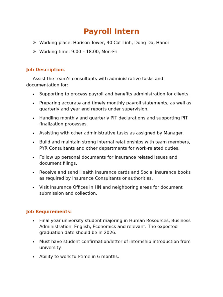 Payroll Internship Opportunity in Hanoi | PDF