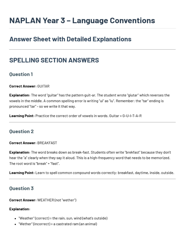 Naplan 2012 Final Test Language Conventions Year 3 Ans | PDF | Verb ...
