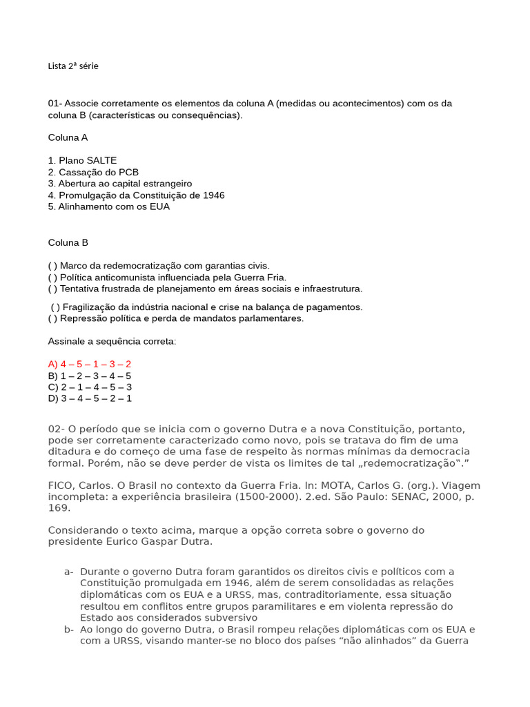 Lista 2ª Série- Rep.pop.Dem.ditadura -C- Gabarito | PDF | Brasil | Os ...