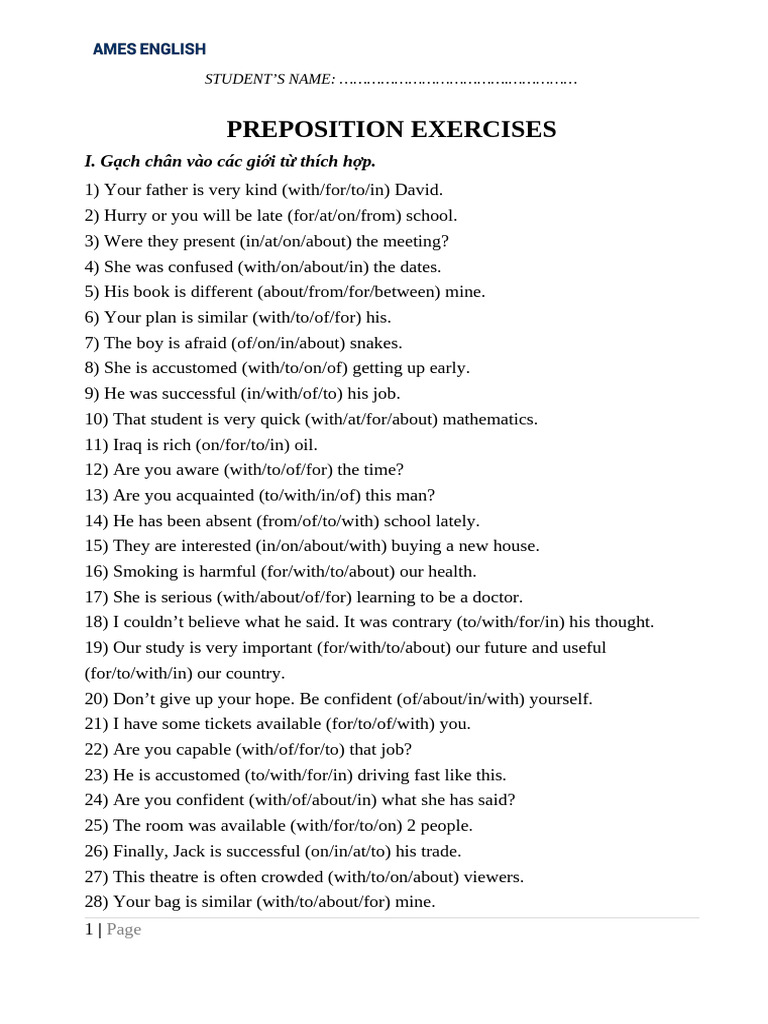 Preposition Exercises | PDF