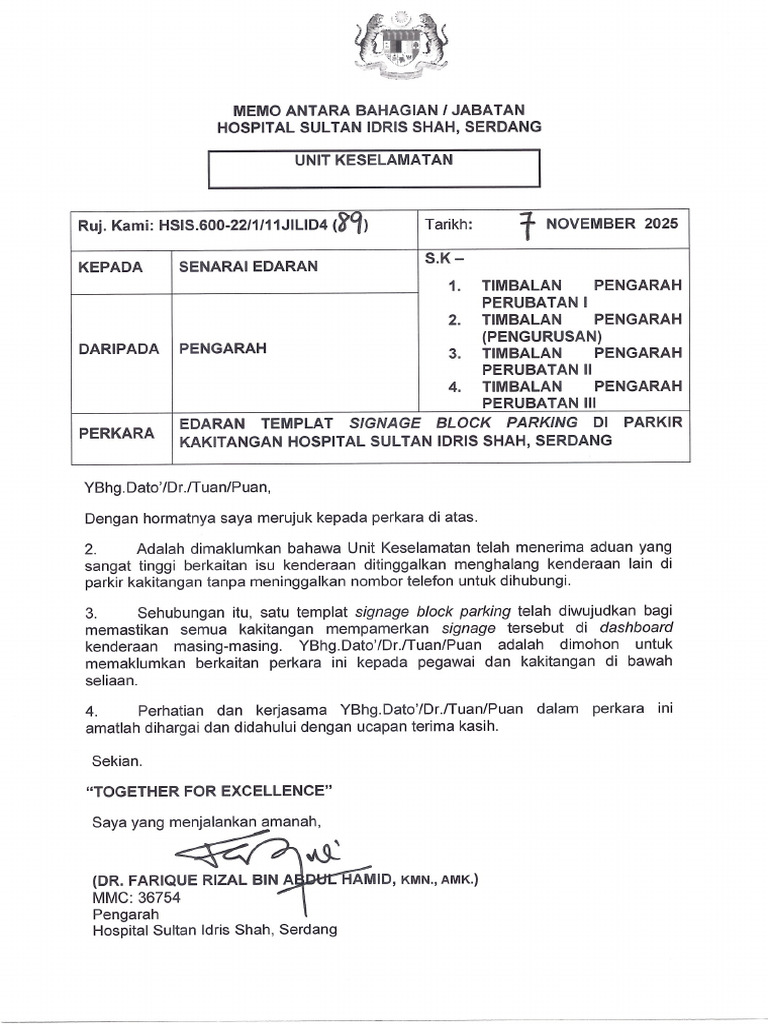 Edaran Templat Signage Block Parking Di Parkir Kakitangan Hsis | PDF