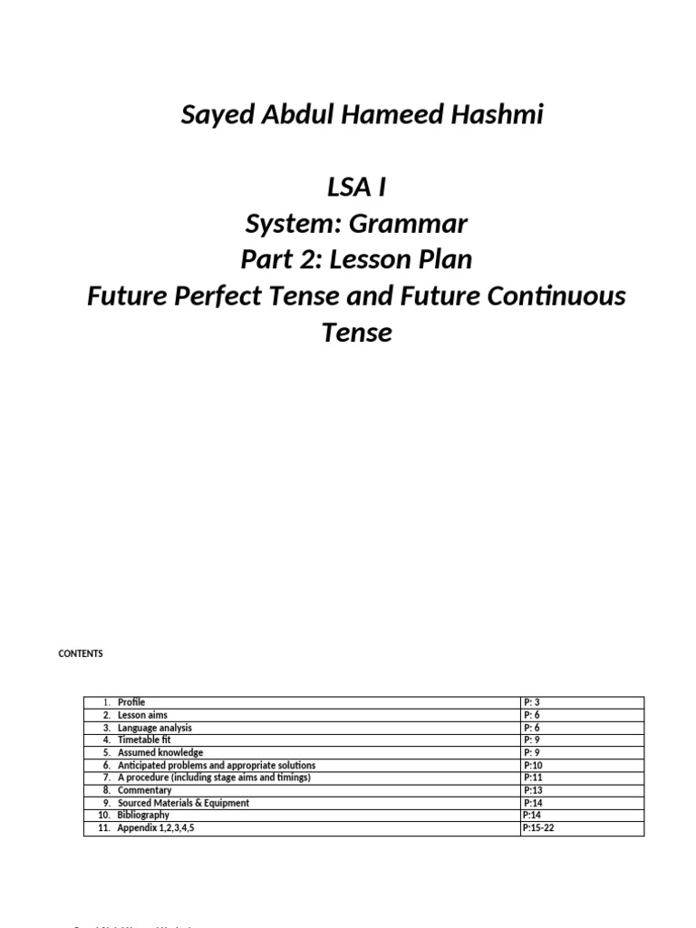 Future Perfect & Continuous Lesson Plan | PDF | Vocabulary | Learning