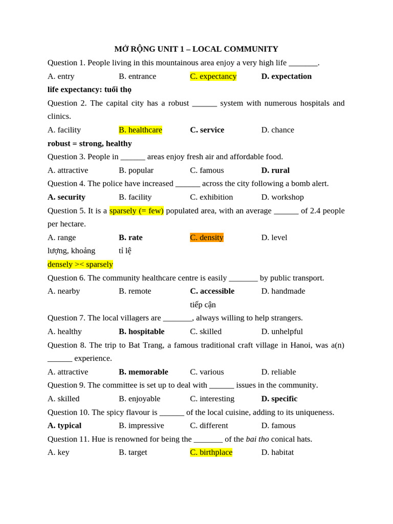 Local Community Vocabulary Quiz | PDF