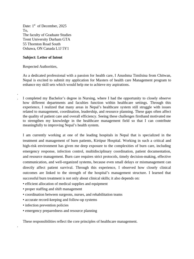 Letter of Intent for Healthcare Management | PDF | Health ...