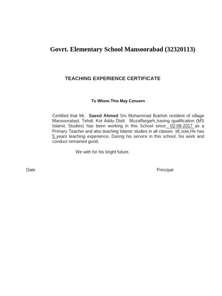 Gps Mansoorabad Experent Certificate | PDF