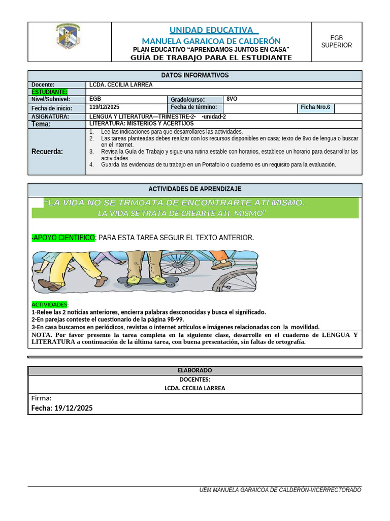Ficha 6 Pedagog 8vo Leng 2025 | PDF