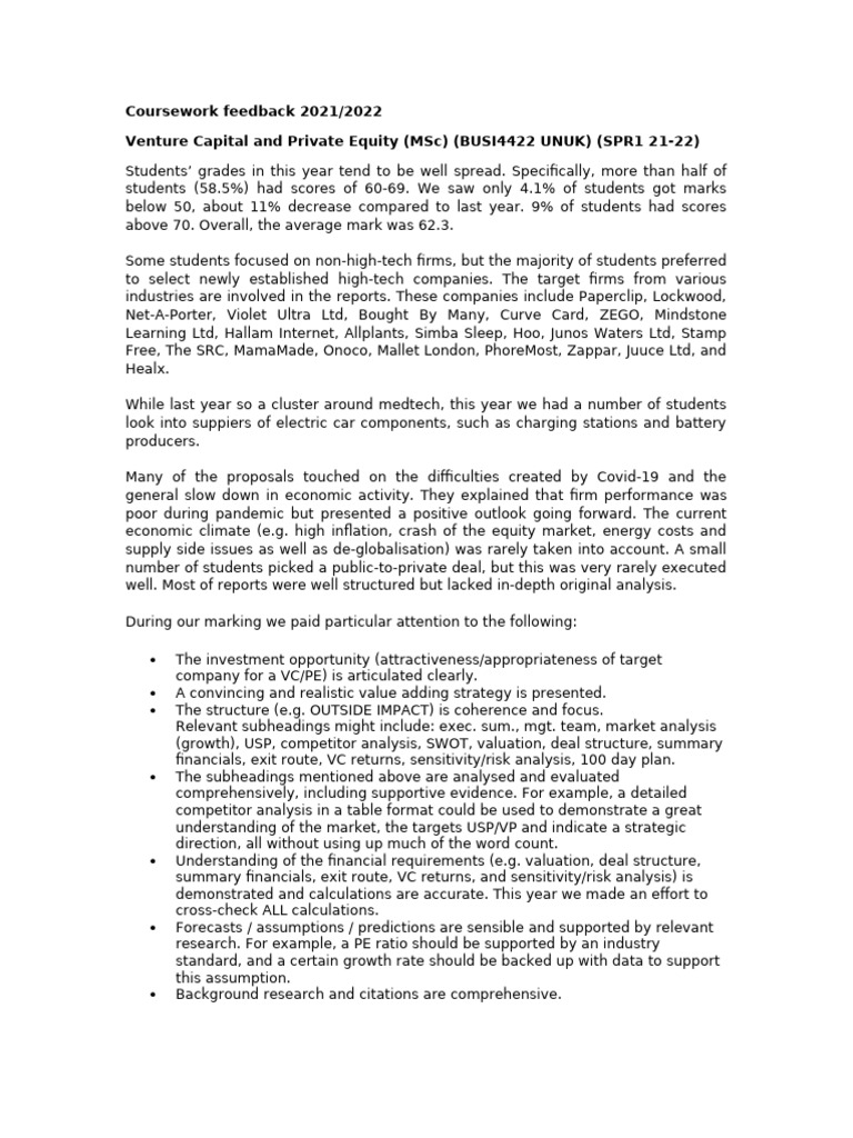 BUSI4422 VCPE Generic Assessment Feedback 2021-2022 | PDF | Venture ...