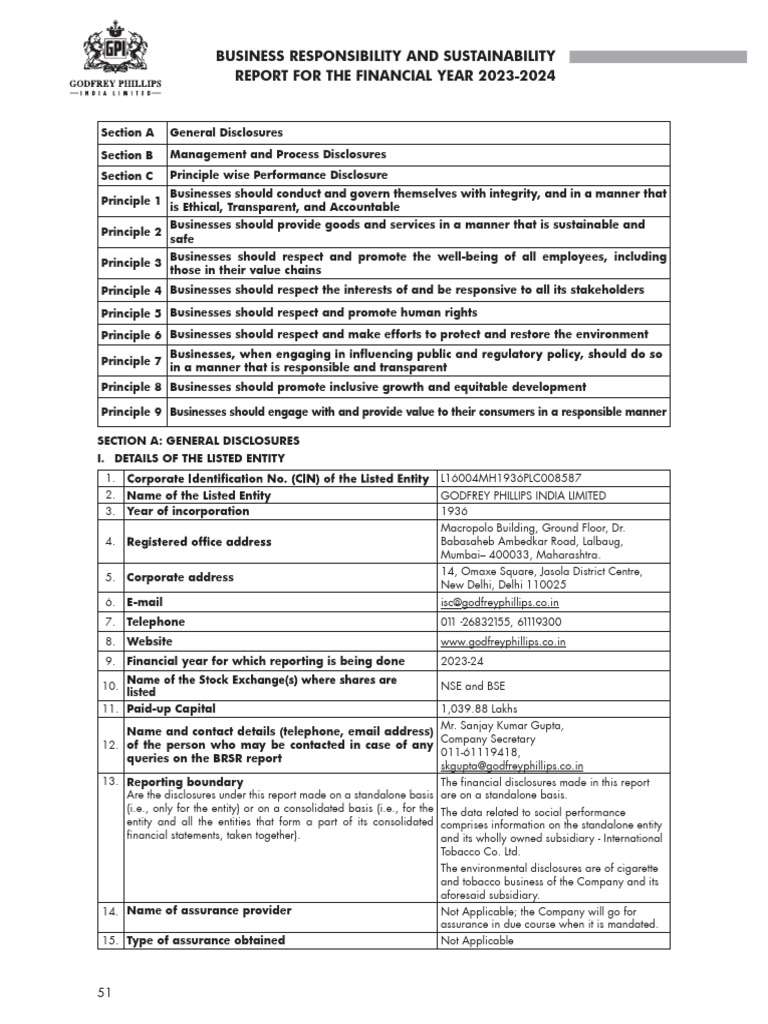 Godfrey Philips BRSR 23-24 Tobacco | PDF | Employment | Governance