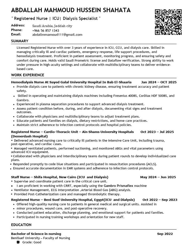 Cv Abdallah Mahmoud | PDF | Intensive Care Unit | Hemodialysis